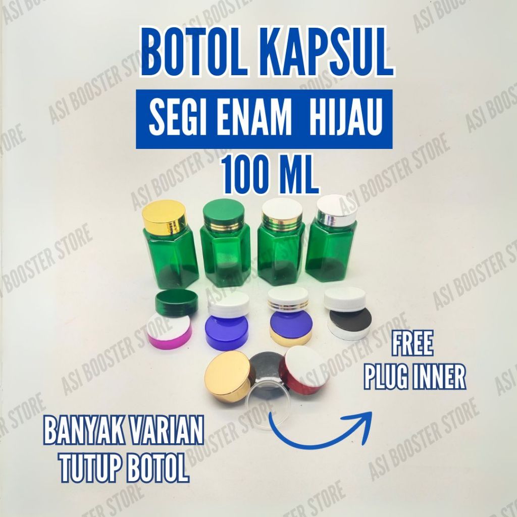 Jual Botol Obat/Kapsul 100ML Hijau Hexagonal + Inner | Shopee Indonesia