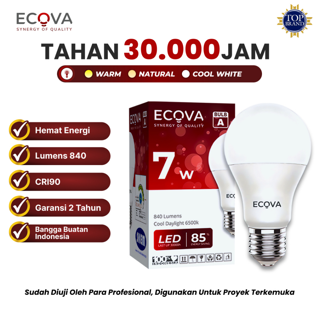 Jual Ecova - Lampu A Bulb LED | Lampu Bohlam | 6500K Putih | 4000K Natural | 3000K Kuning | 7W ...