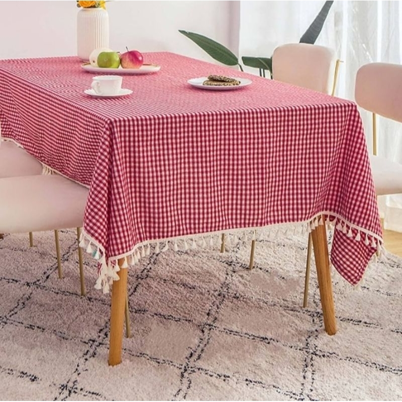 Jual taplak meja makan rumbai motif kotak kotak kecil ukuran 200 sampai ...