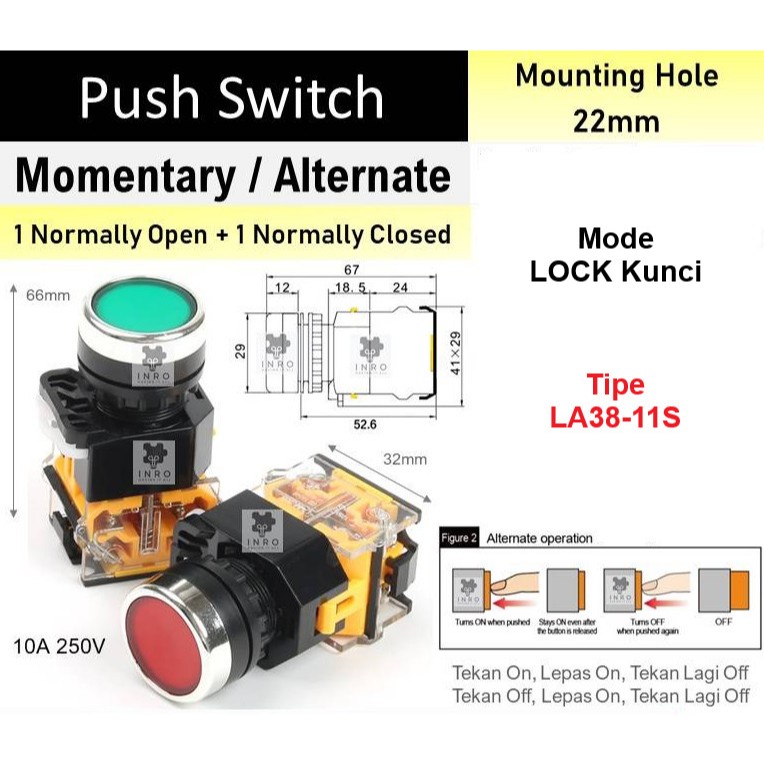 Jual TOMBOL PUSH BUTTON ON OFF Self Locking lock Kunci Switch LA38-11S LA38-11 S 22 mm 10A 440V ...