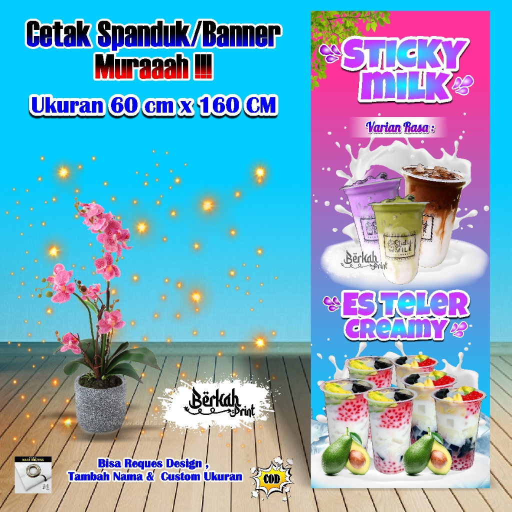 Jual Spanduk Banner Es Teler & Sticky Milk Ukuran 60 cm x 160 cm ...