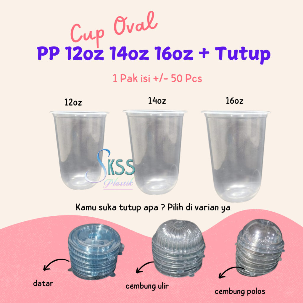 Jual Gelas Plastik Bening Oval 12oz 14oz 16oz + Tutup isi 50 Pcs l ...