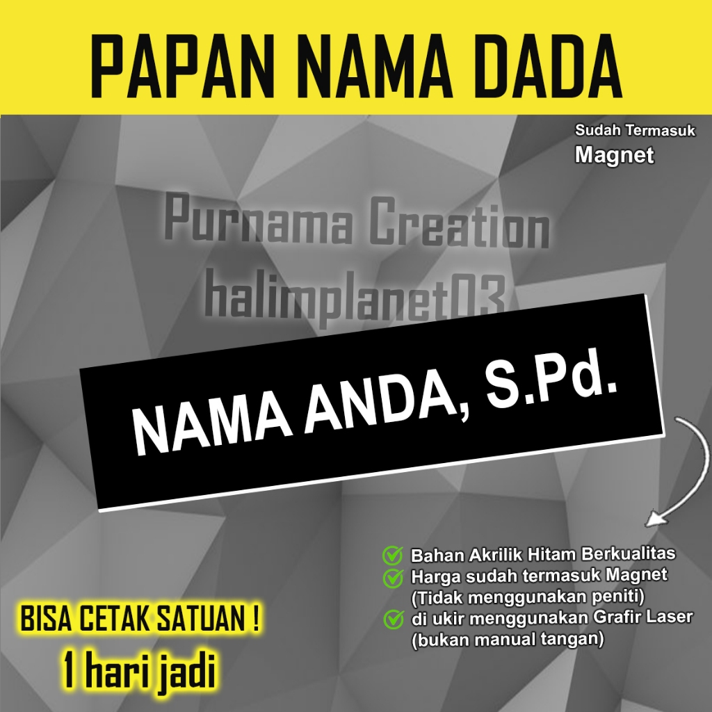 Jual Papan Nama Dada Name Tag Akrilik Hitam Magnet Glossy Grafir Laser ...