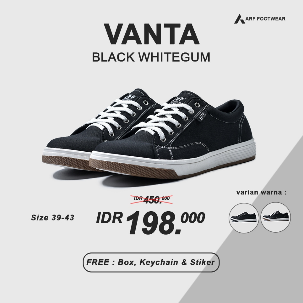 Jual ARF Vanta Black White Gum Sepatu Sneakers Hitam Putih Casual Pria Wanita Sekolah Distro ...