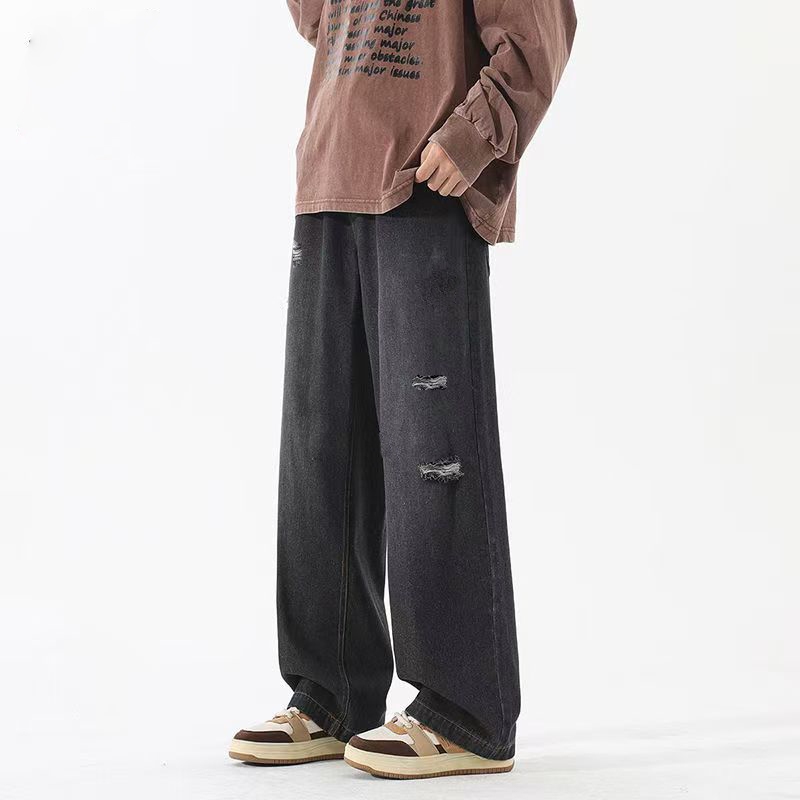 Jual Celana jeans pria panjang sobek baggy straight hitam denim pants kulot casual longgar pants ...