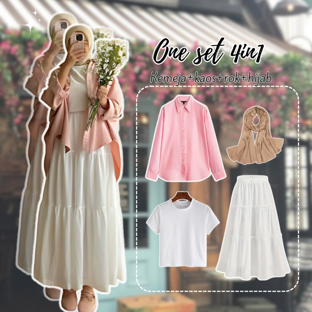 Jual One Set 4IN 1 Wanita Korean Style Kemeja pink, Kaos putih, Rok ...