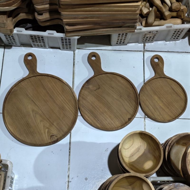 Jual Piring Kayu Jati Wooden Plate Piring Saji Kayu Dengan Tangkai ...