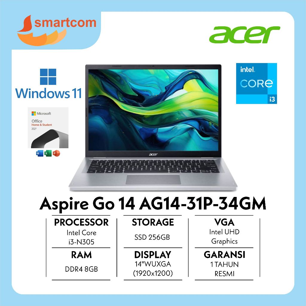 Jual Acer Aspire Go 14 AG14-31P-34GM Core i3-N305 8GB 256GB SSD 14 ...