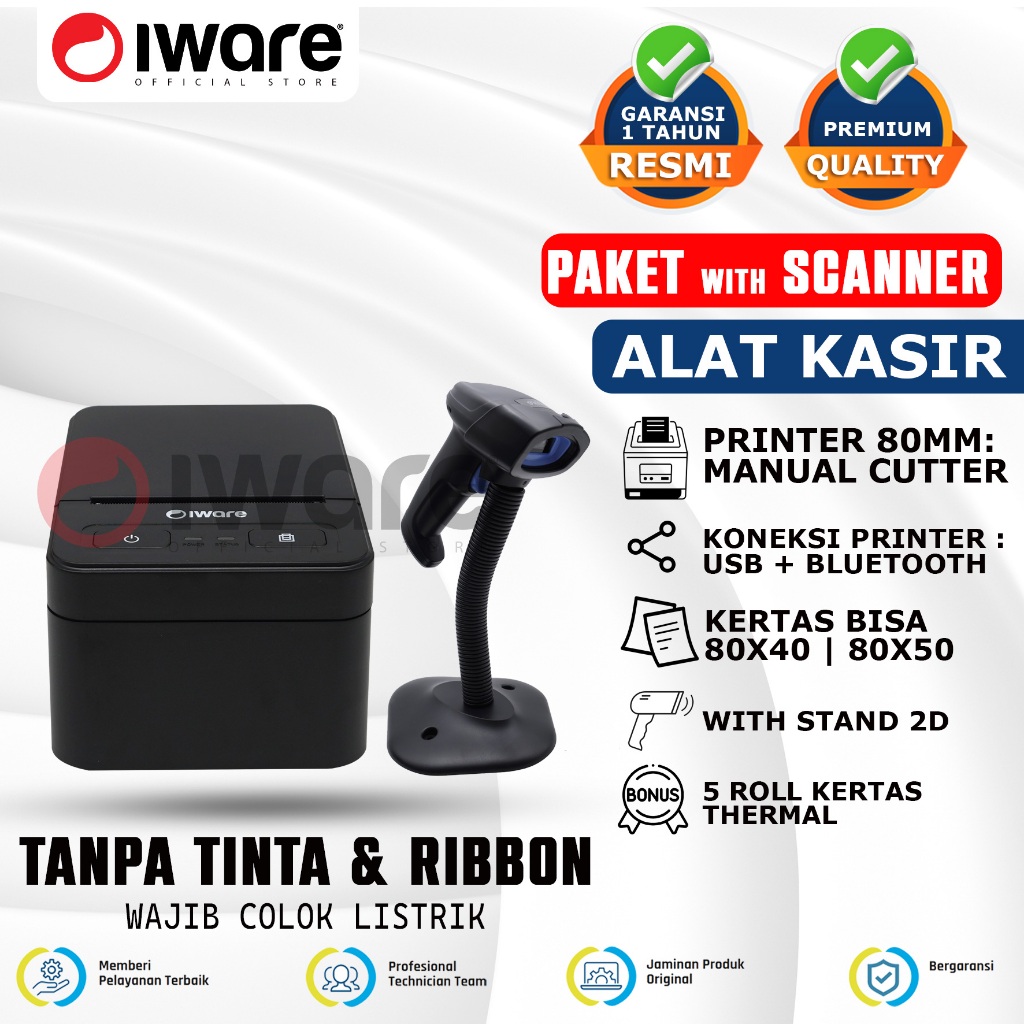 Jual Iware Paket Printer Thermal Kasir 80mm Rj11 with Bacrode Scanner ...
