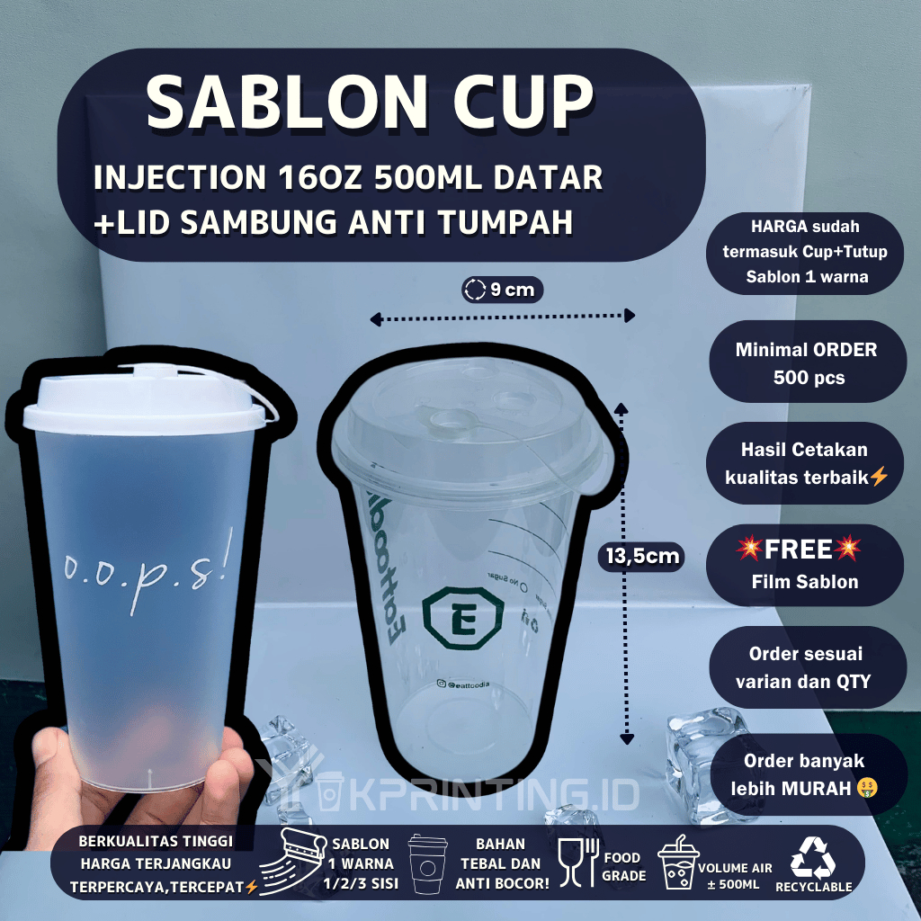 Jual Sablon cup Injection 500ml 16 oz Custom Cup/Gelas Injection Tebal ...