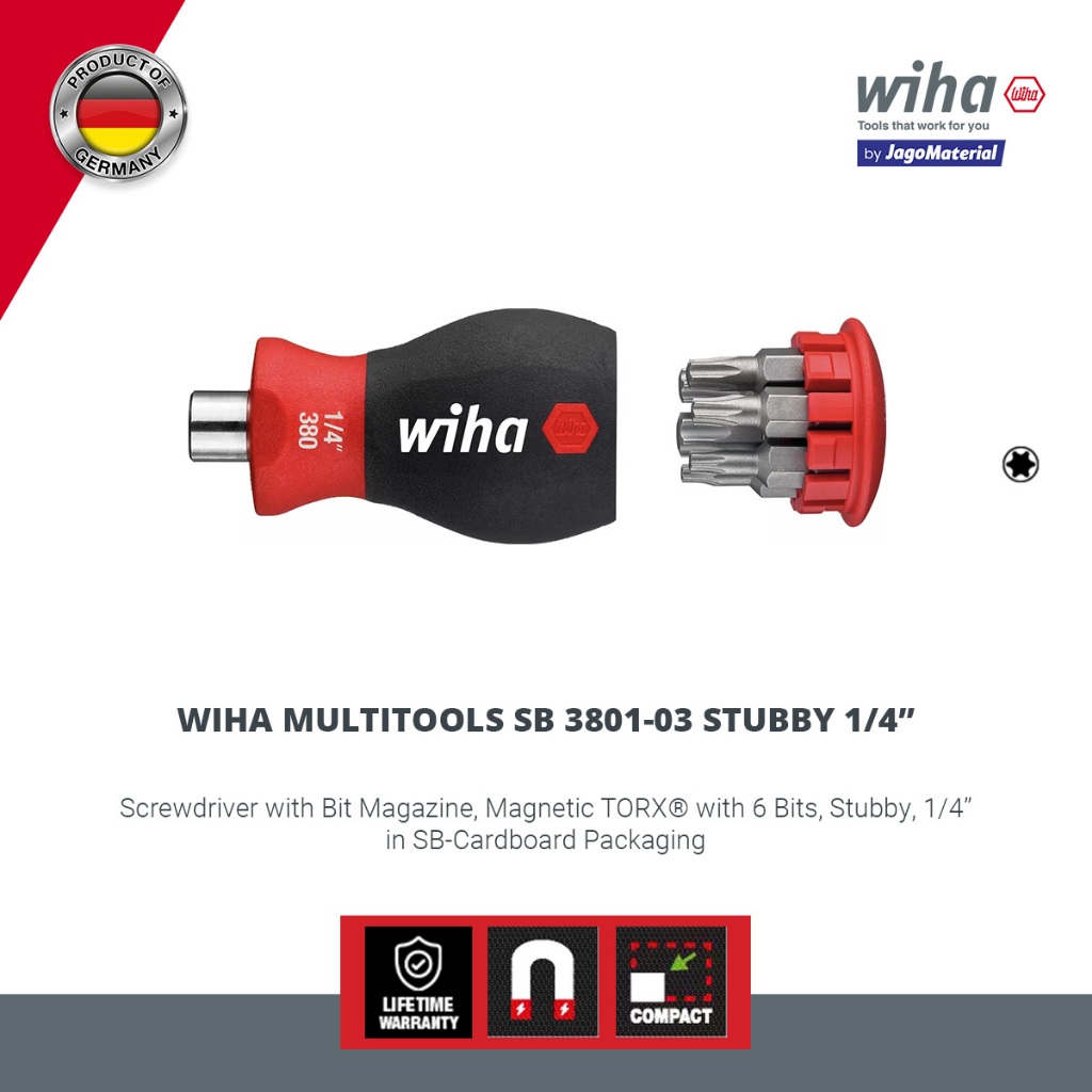 Jual Wiha Multitools SB 3801-03 Stubby 1/4'' - Screwdriver with 6 Bits ...