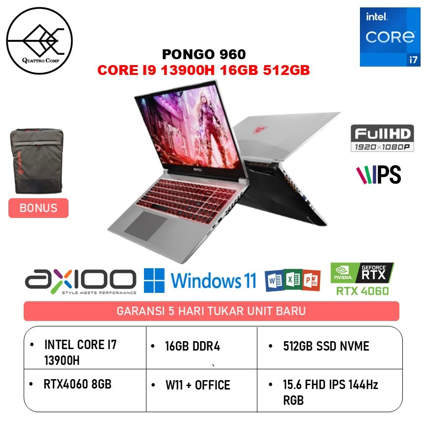 Jual AXIOO PONGO 960 Gen 2 Core i9-13900H RTX4060 8GB RAM 16GB 512GB 15 ...