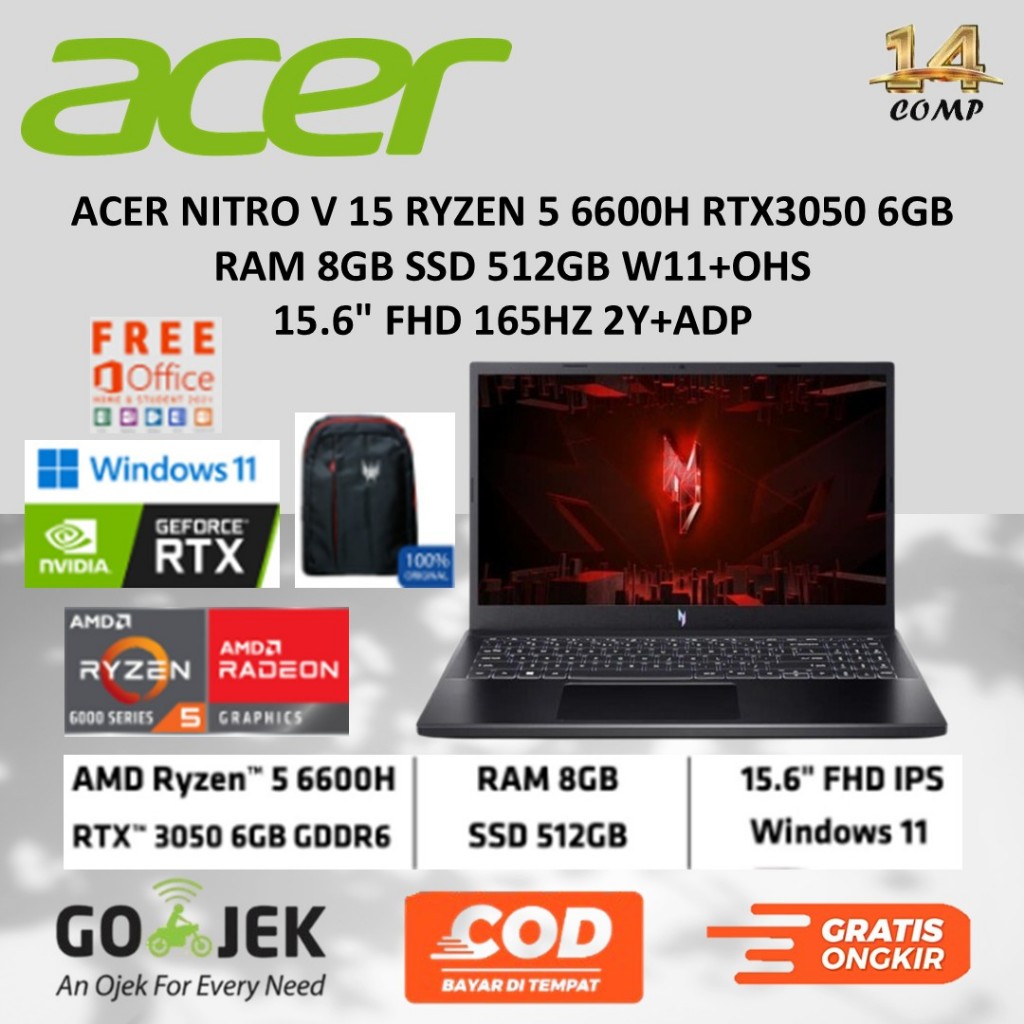 Jual ACER NITRO V 15 RYZEN 5 6600H RTX3050 6GB RAM 8GB SSD 512GB W11 ...