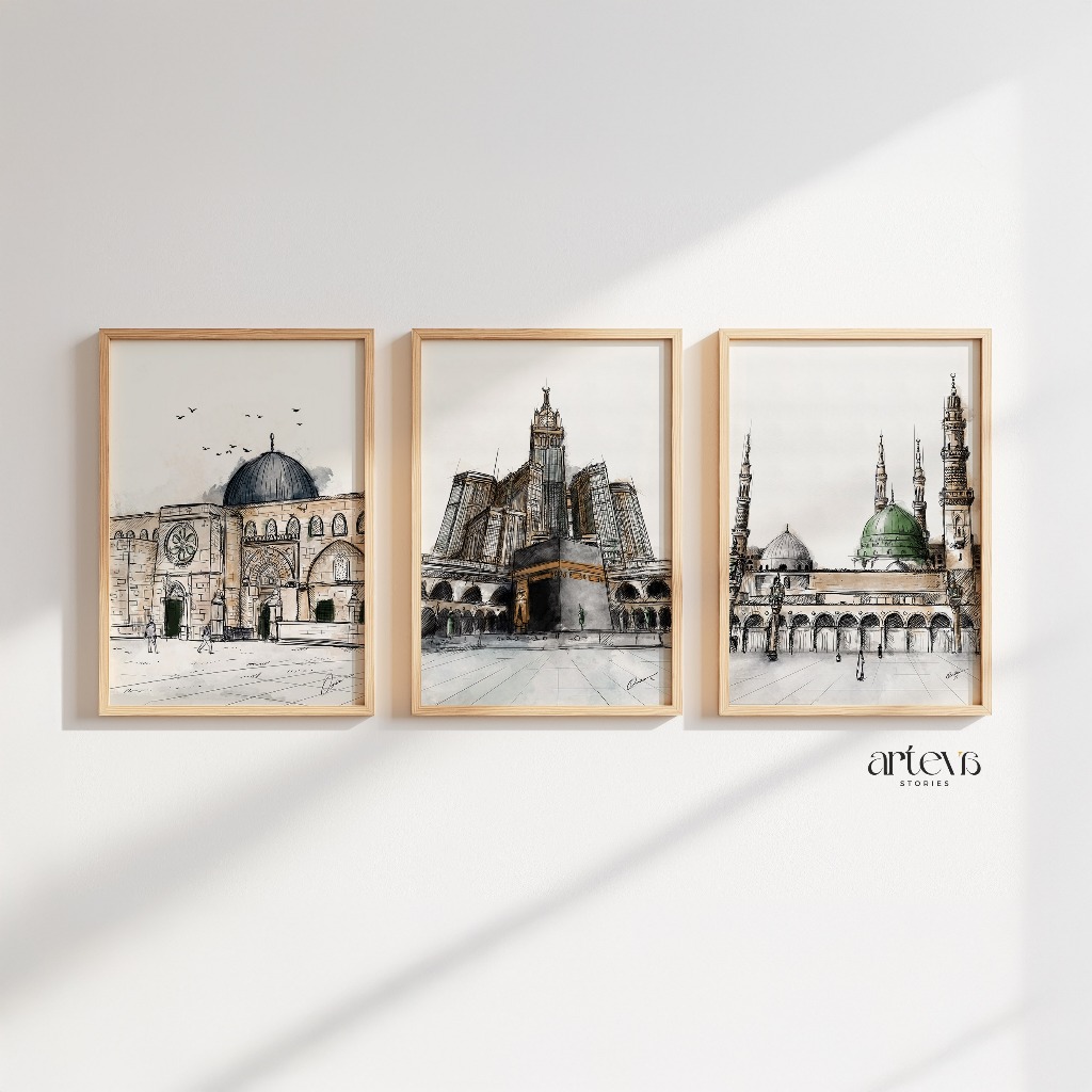 Jual 1 Set Hiasan Dinding Islami – Sketsa 3 Landmark Suci: Kabah ...