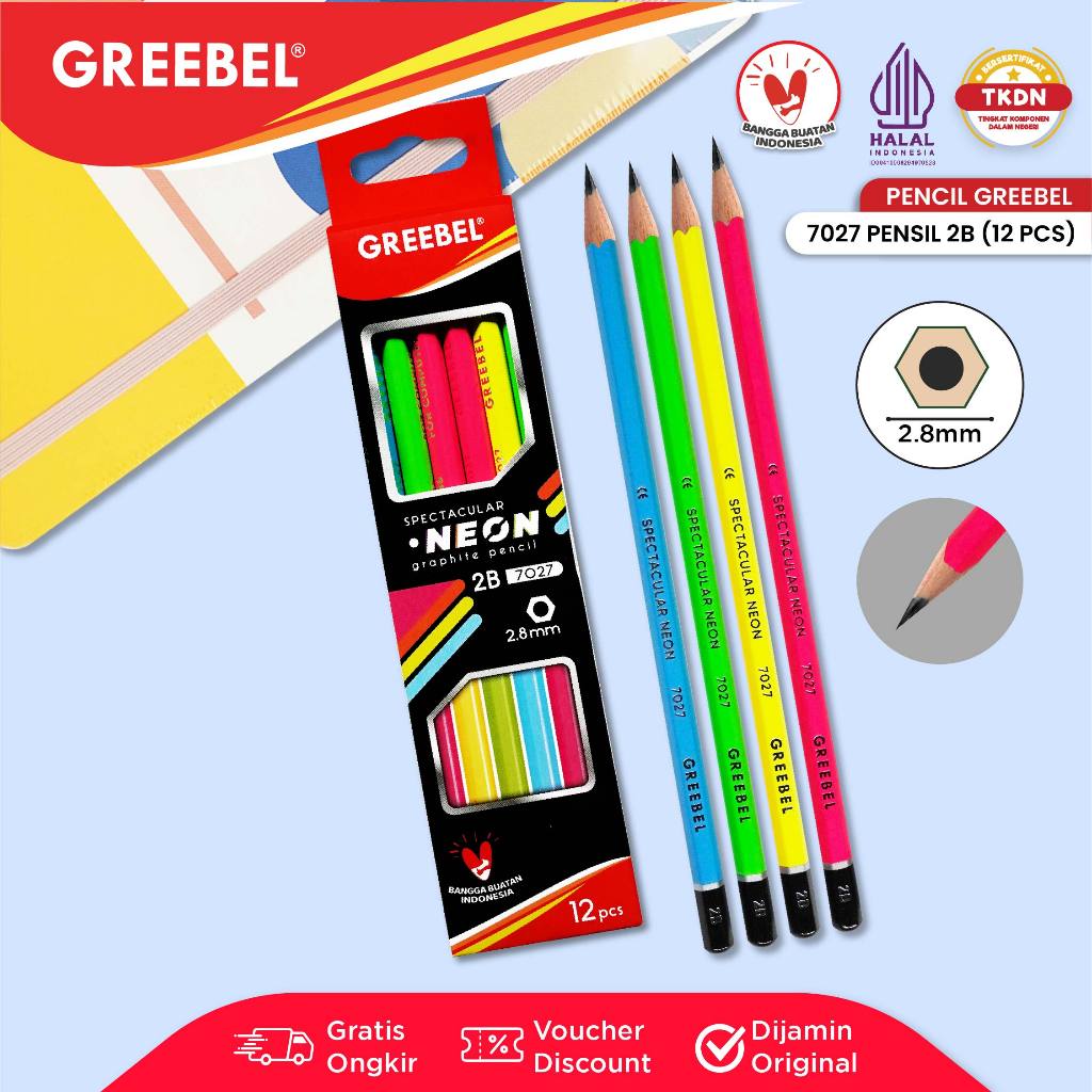 Jual GREEBEL Pensil Kayu Pencil Tulis 2B / Greebel 7027 Pencil 2B Neon ...