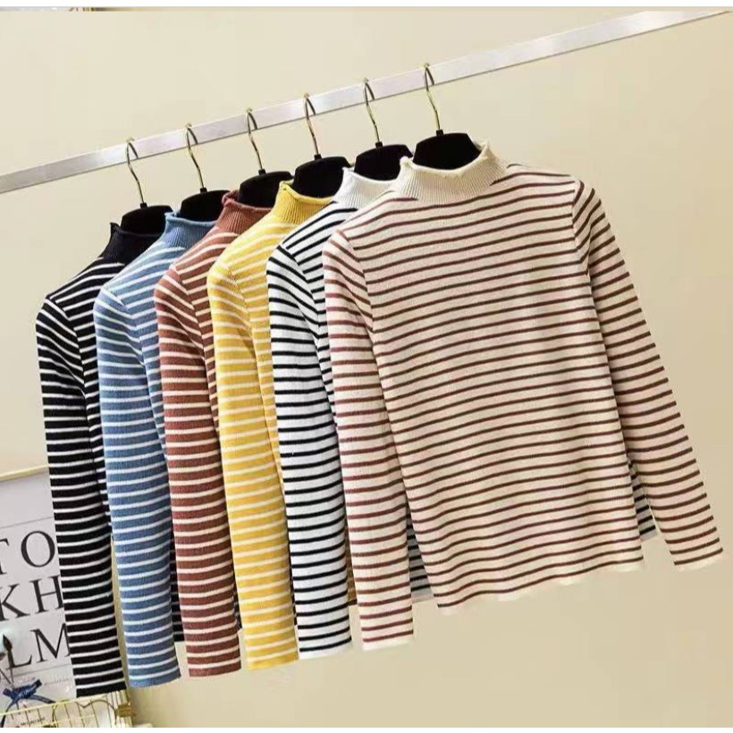 Jual [Hallyu] Turtleneck Atasan Wanita Lengan Panjang Salur Knit ...