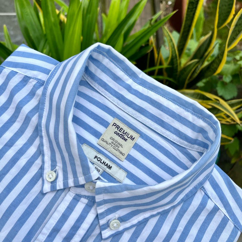 Jual Kemeja Cotton POLHAM Striped Baby Blue (L) | Shopee Indonesia