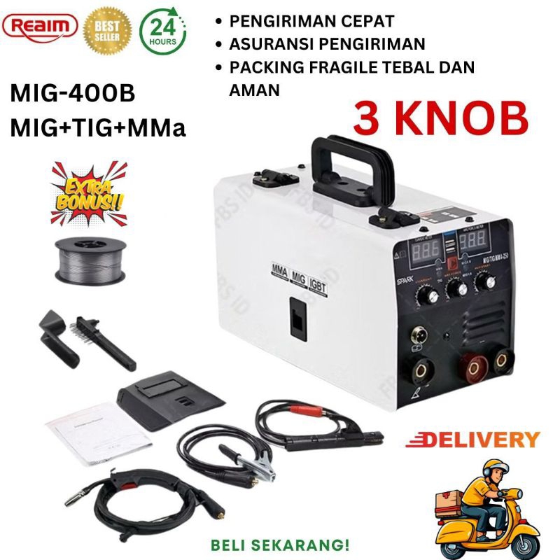Jual Welding Machine inverter Arc gassless welder three Knob.mesin las Reaim MIG 400B ( 3in1 ) 3 ...