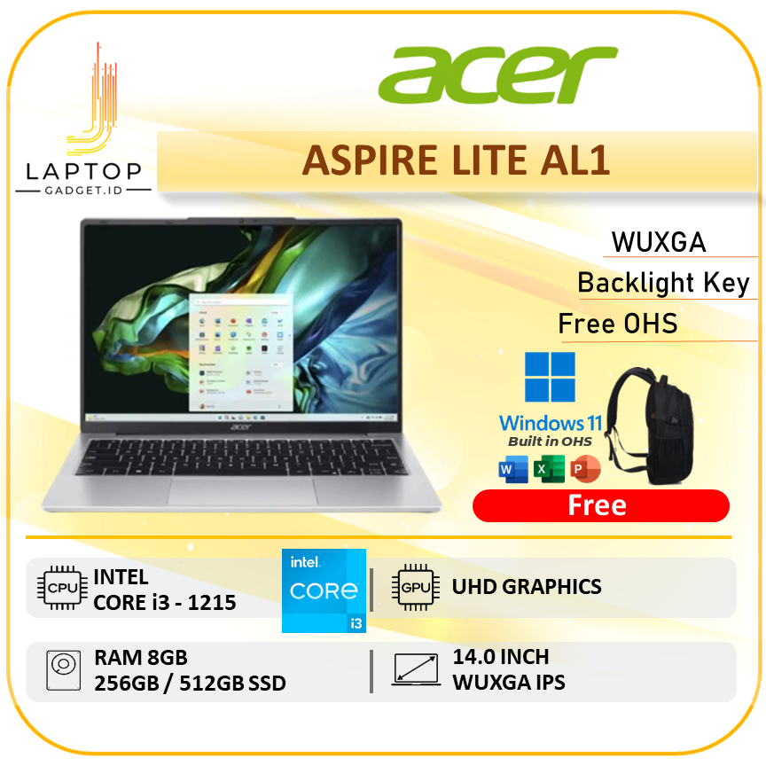 Jual Laptop Acer Aspire Lite AL1 14 Intel i3 1215 8GB 512GB SSD W11+OHS ...