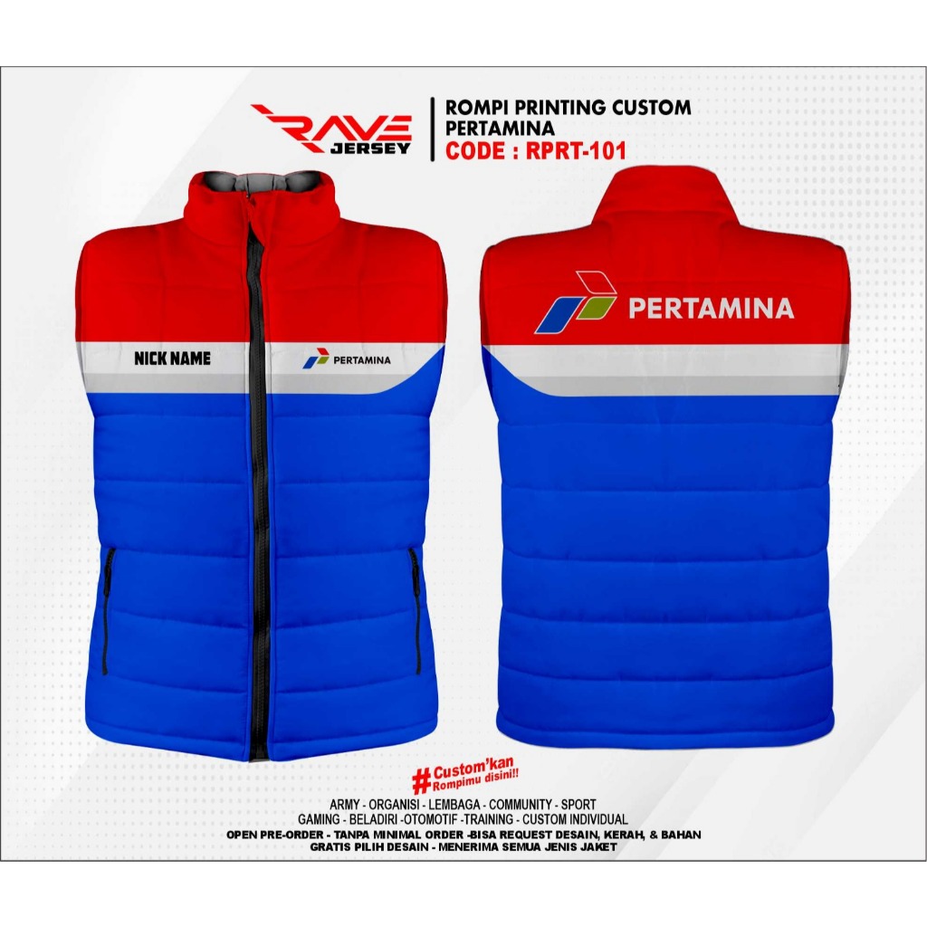Jual ROMPI GELEMBUNG, PUFFER VEST PERTAMINA SESI 1 FULL PRINTING SUBLIM ...