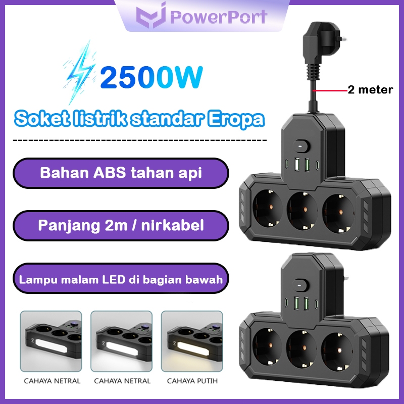 Jual PowerPort 2500W Soket Listrik Eropa Nirkabel/Panjang 2 meter USB Charger Power Strip Power ...