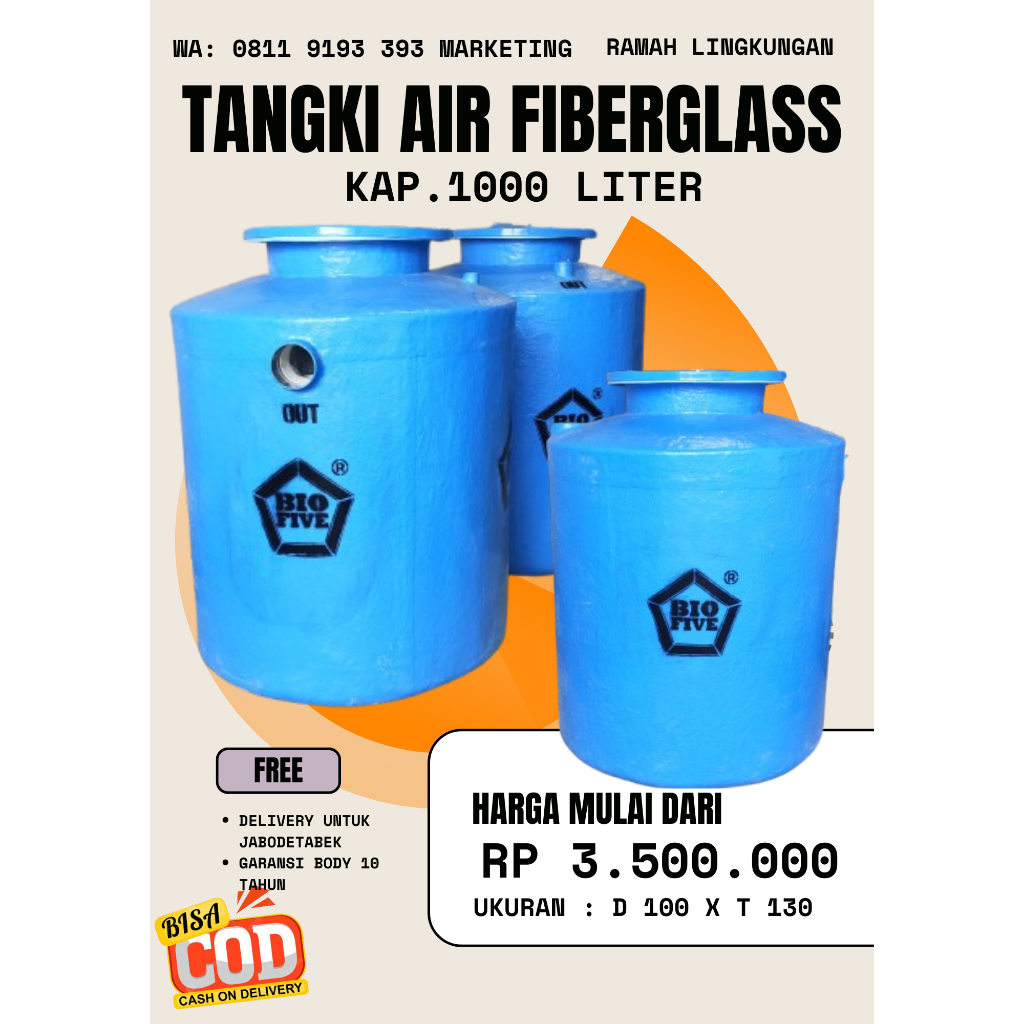 Jual Toren Air Fiberglass kapasitas 1.000 Liter harga terbaik | Shopee ...