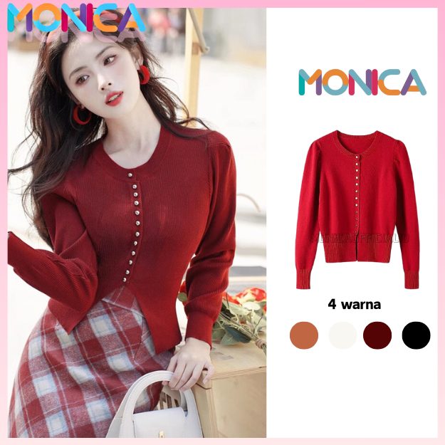 Jual Monica Kancing Pearl Round Neck Simple-Knitwear Atasan Wanita Fit ...