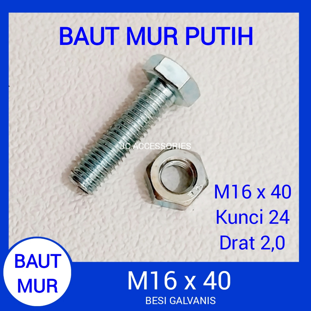 Jual BAUT MUR PUTIH M16x40 KUNCI 24 PITCH 2,0 BMP M16 x 40 16X40 16 X 40 BMH HEXAGON HEXA HEX ...