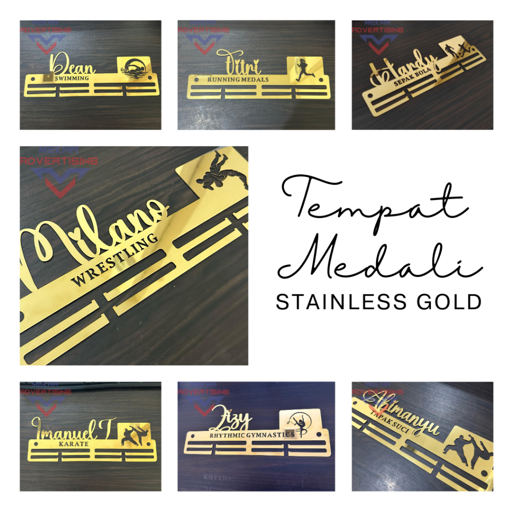 Jual TEMPAT MEDALI STAINLESS GOLD MIRROR CUSTOM NAMA | Shopee Indonesia