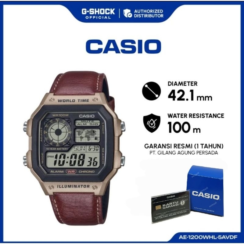 Jual Jam Tangan Pria Casio AE-1200WHL-5A Digital Brown Leather Band ...