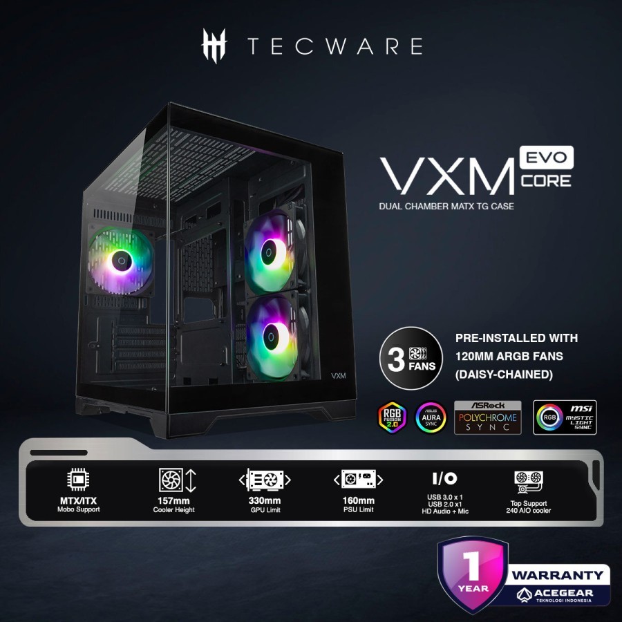 Jual Casing PC Gaming Tecware VXM EVO Core M-atx Infinity TG With 3 Fan ...