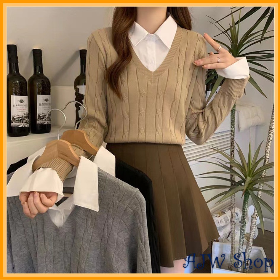 Jual AJW Atasan Wanita Vest Set Kemaja Lengan Panjang Knit Premium RAF ...