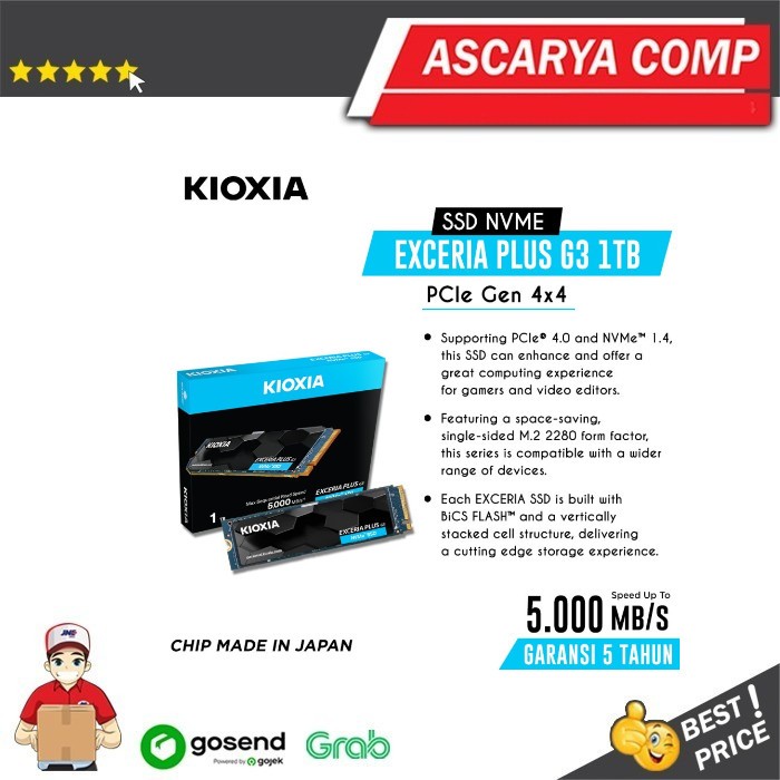 Jual KIOXIA EXCERIA PLUS G3 NVMe SSD 1TB / Gen4 SSD / Read 5000 MB/s Write 3900 MB/s / Garansi ...