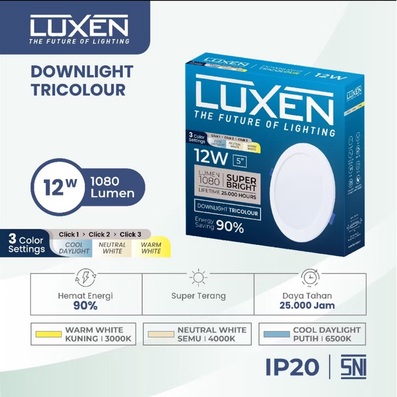 Jual Luxen Downlight LED Tricolour Inbow Bulat 12 Watt Cahaya Putih ...