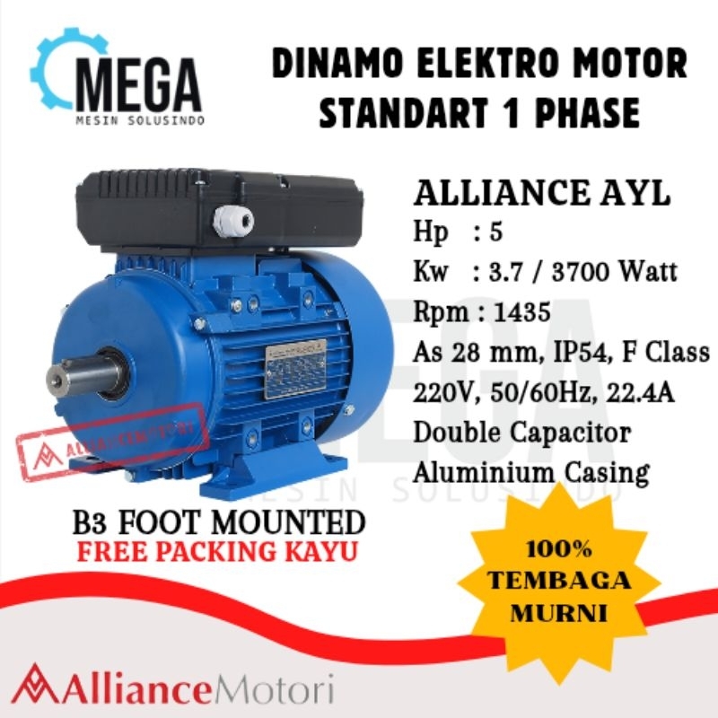 Jual Alliance Dinamo 1 Phase 5 HP 3.7 KW 1400rpm Dual Capasitor 100% FULL TEMBAGA -- Electro ...