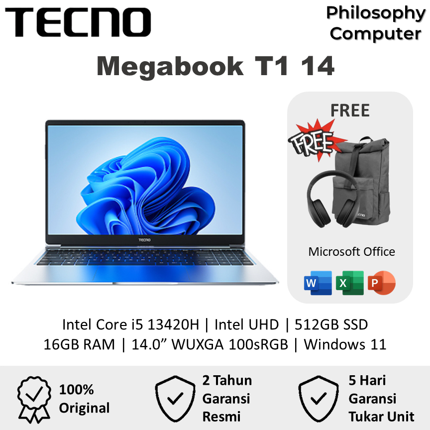 Jual Laptop Tecno Megabook T1 14 Intel Core i5 13420H 16GB 512GB 14. 0WUXGA 100sRGB Windows 11 ...