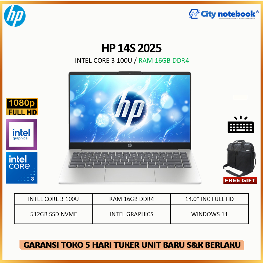 Jual Laptop HP 14 Intel Core 3 100U Ram 16GB 512GB 14.0FHD Backlit ...