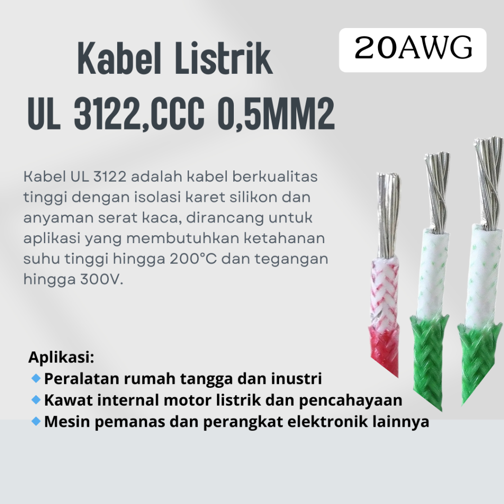 Jual Kabel Listrik UL 3122 CCC 0.5mm² 20AWG 1 Meter / Kabel Serabut Tembaga Putih tinned copper ...