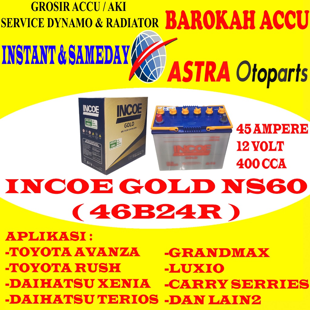 Jual AKI MOBIL INCOE GOLD NS60 / 46B24R , 45 AH ASTRA OTOPARTS | Shopee Indonesia