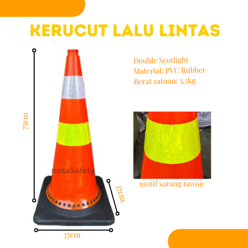 Jual Traffic Cone Rubber 75 cm. Kerucut lalu lintas. Double Scotlight warna kuning putih motif ...