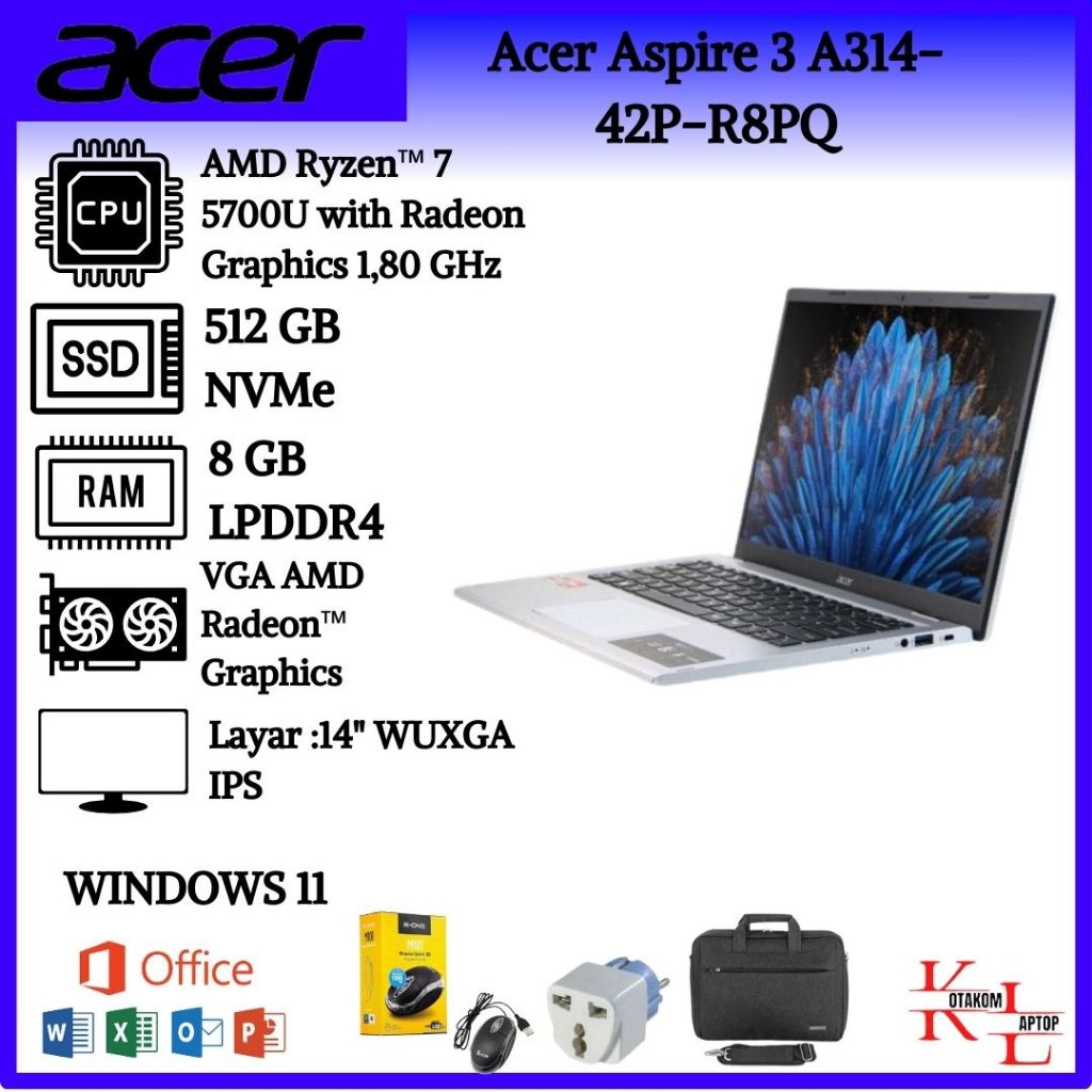 Jual Acer Aspire 3 A314-42P-R8PQ with AMD Ryzen 7 5700U and 8GB LPDDR4 ...