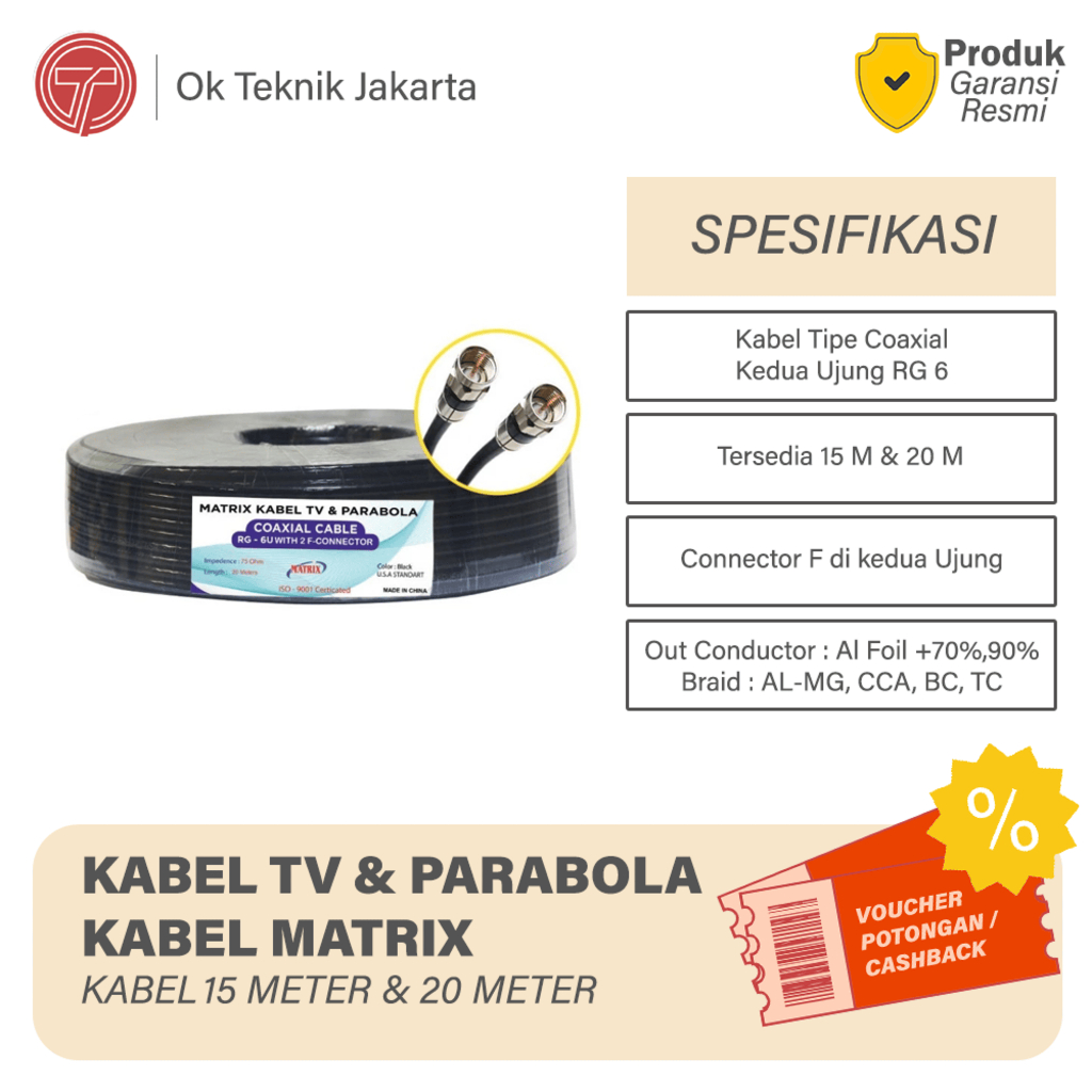 Jual [BISA COD] Kabel matrix RG6 parabola + jack konektor f5 20M Coaxial | Shopee Indonesia