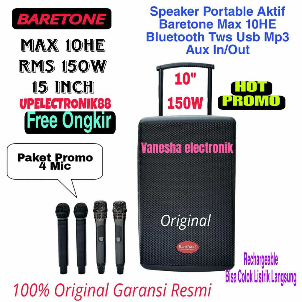 Jual Speaker Portable 10 Inch Baretone Max10he 150Watt Usb Bluethooth ...
