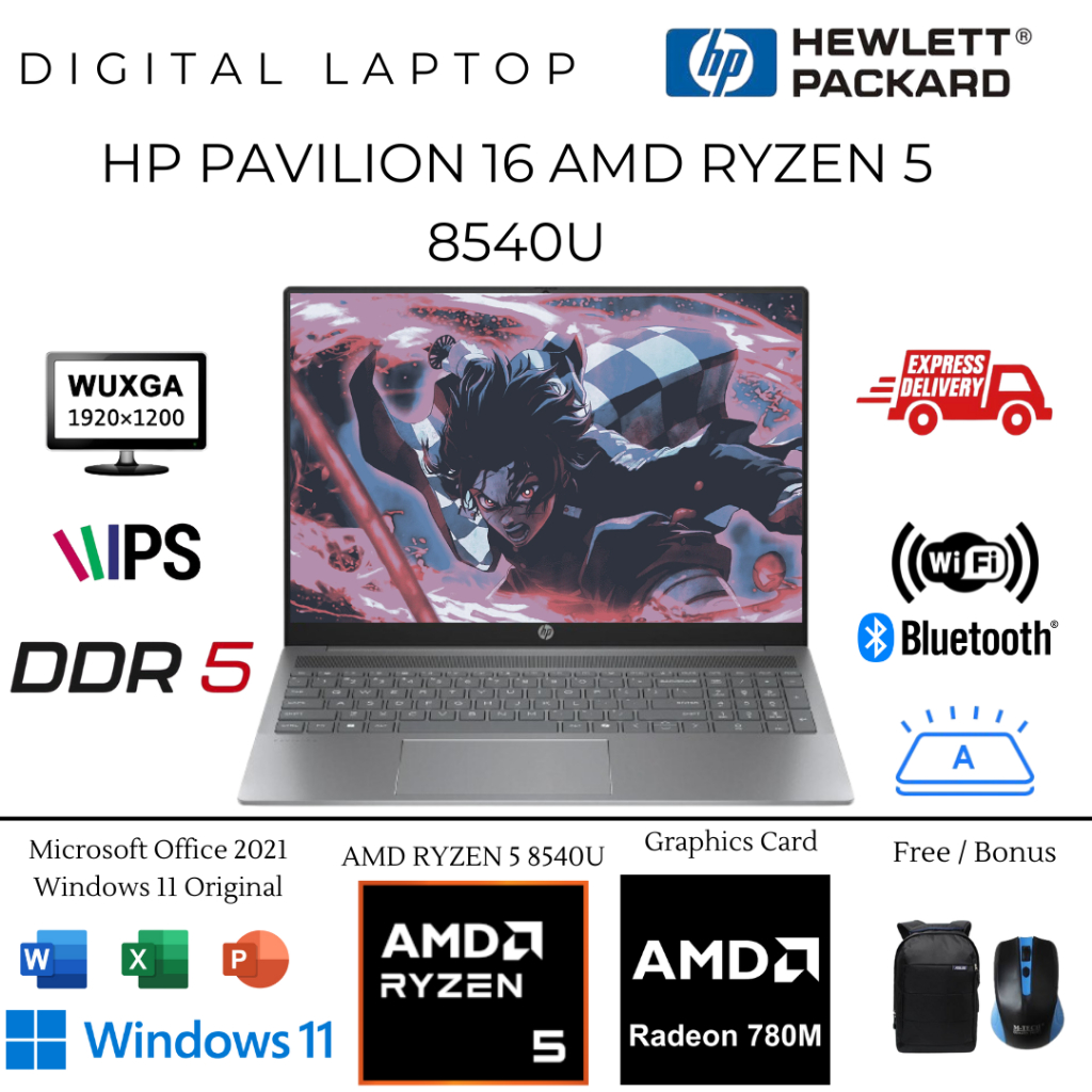 Jual Laptop Slim HP Pavilion 16 AMD Ryzen 5 8540U RAM 8GB DDR5 1TB SSD 16.0" WUXGA IPS Windows ...