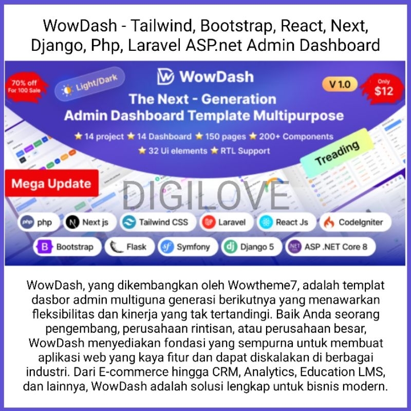 Jual WowDash - Tailwind, Bootstrap, React, Next, Django, Php, Laravel ASP.net Admin Dashboard ...