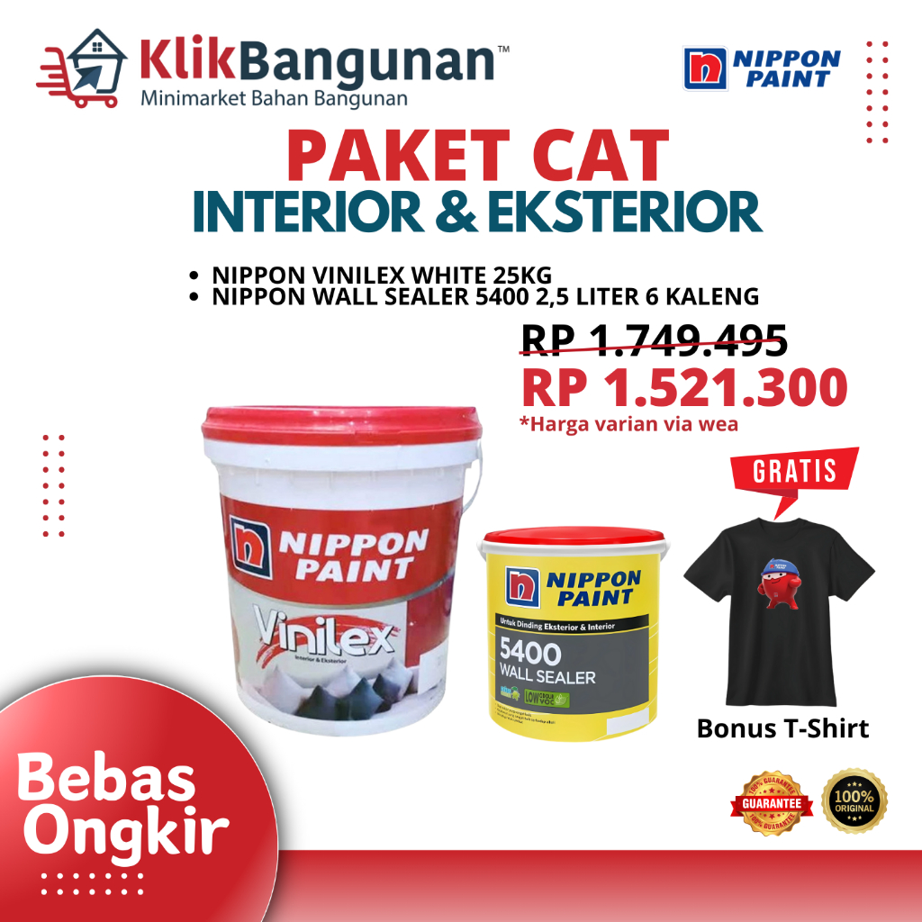 Jual Paket Cat Interior & Eksterior Nippon Vinilex White 25Kg + Nippon Wall Sealer 5400 2.5L 6 ...