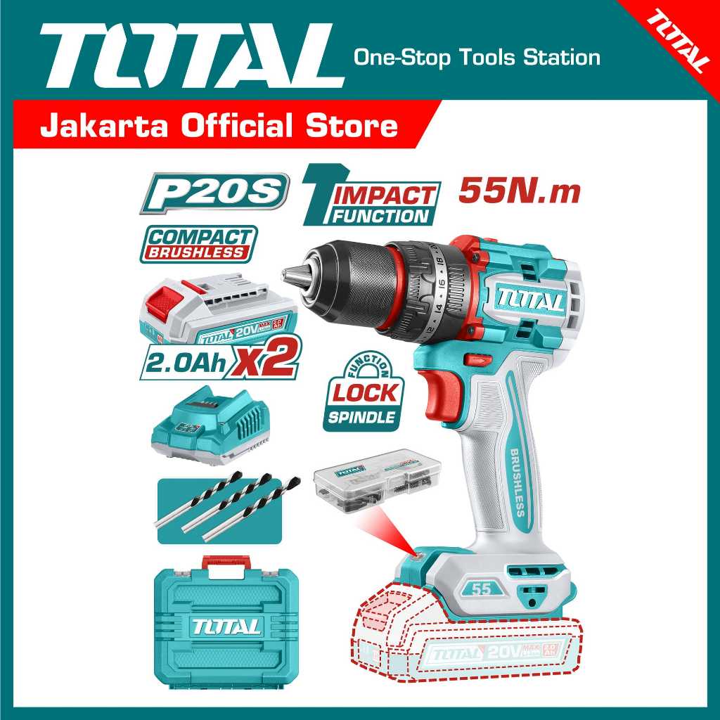Jual TOTAL Compact Brushless Cordless Impact Drill TIDLI20558 - Bor Impact 55N.m (Full Set ...