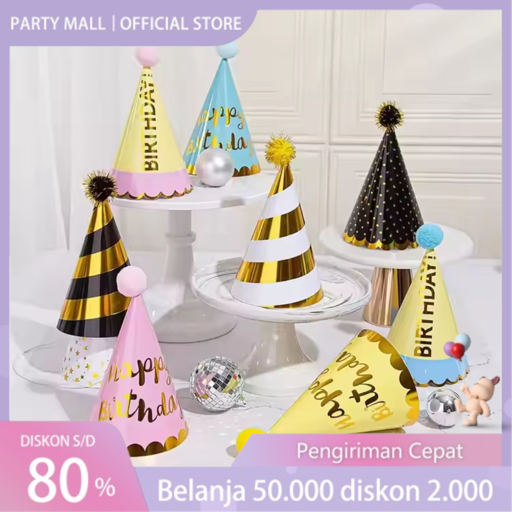 Jual Topi Ulang Tahun Merah Muda Emas Hitam Kertas Motif Happy Birthday ...