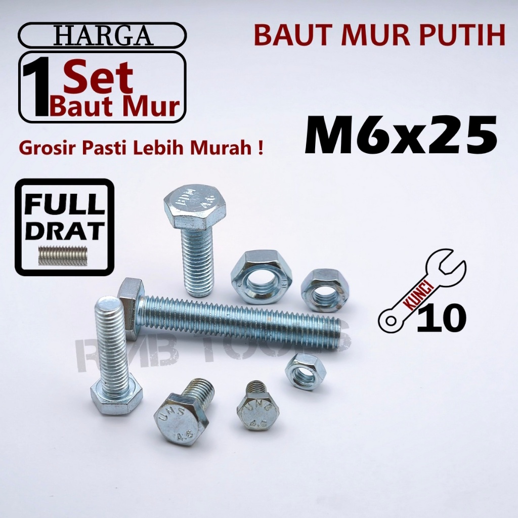 Jual Baut Mur Putih Hex M6x25 Besi GALVANIS BMP Hexagon Kunci 10 M6 | Shopee Indonesia