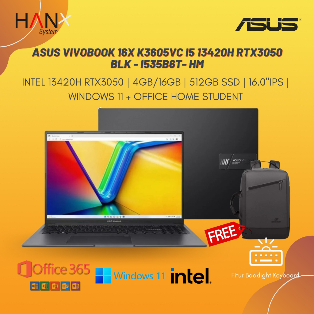 Jual ASUS VIVOBOOK 16X K3605VC I5 13420H RTX3050 4GB/ 16GB 512GB W11+OHS+O365 16.0WUXGA IPS BLIT ...